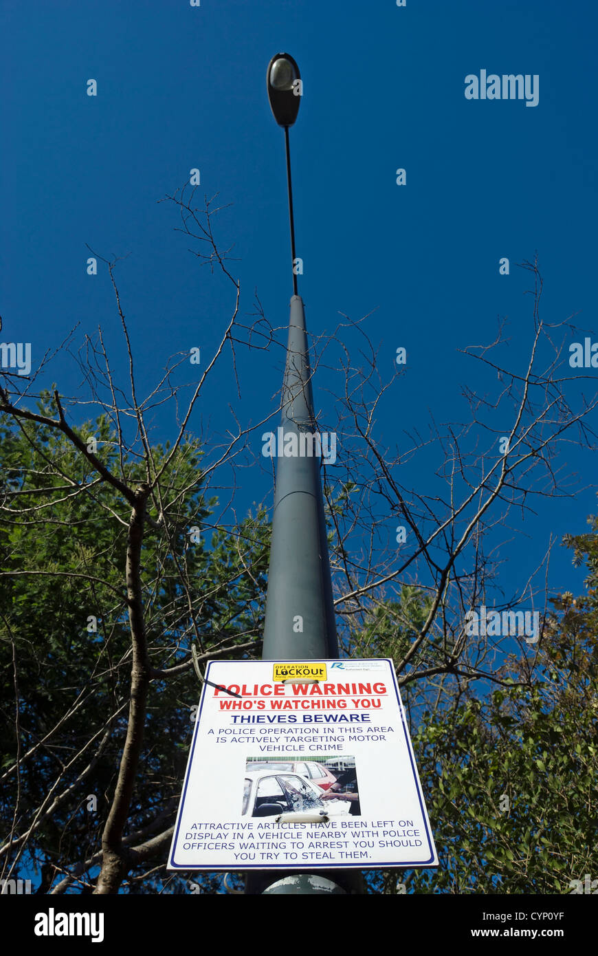 police warning sign stating thieves beware, part of operation lockout ...