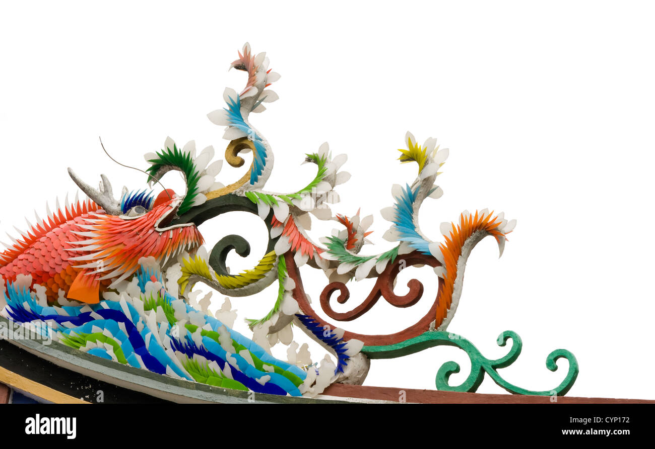 Chinese color monster fish decoration on roof in white background Stock ...