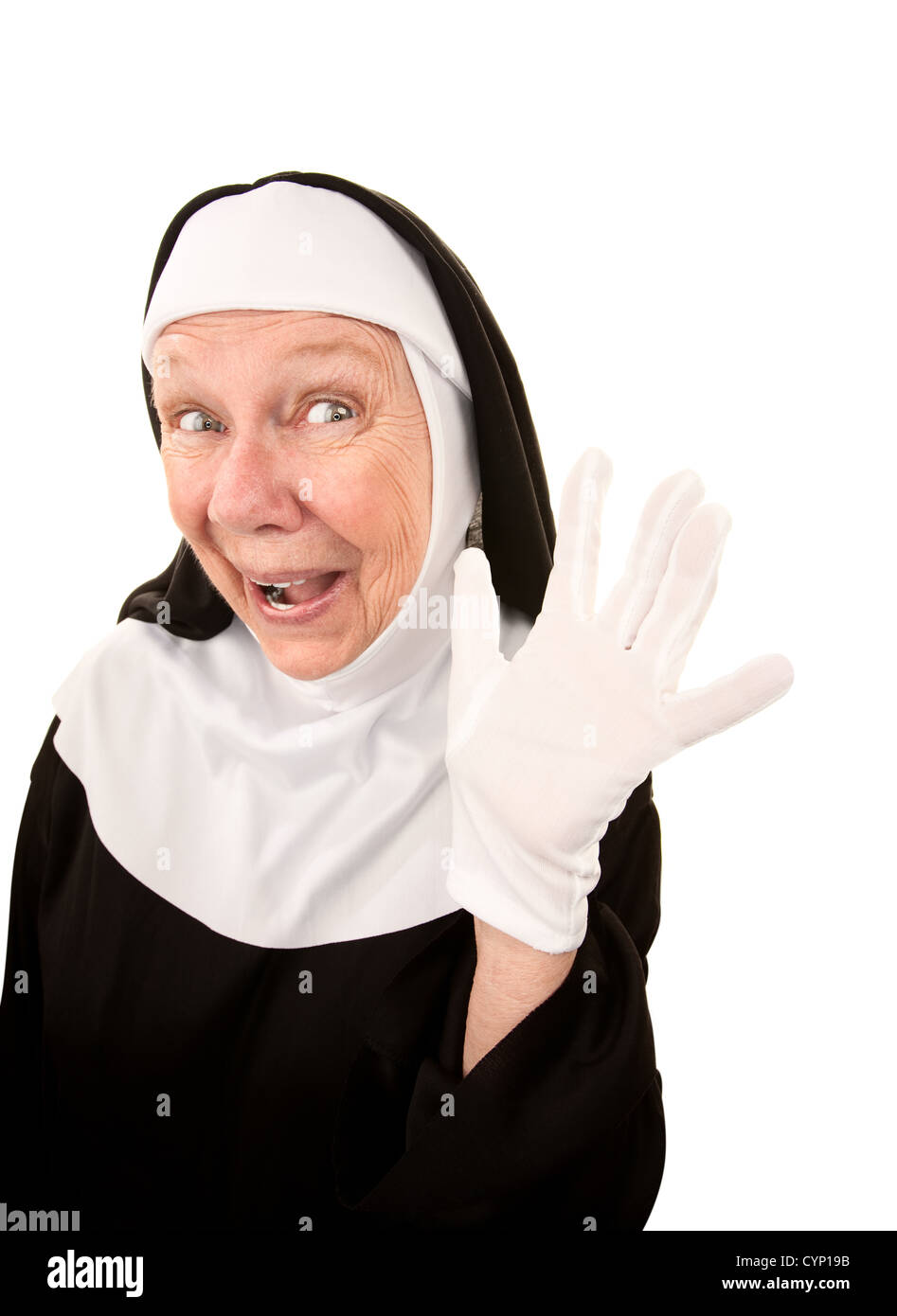 Funny Nun with Happy Expression on her Face Waving Stock Photo - Alamy