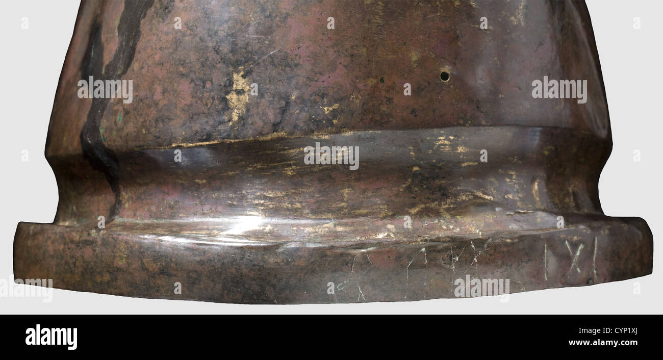 A Negau helmet - Vetulonia type,5th century B.C.Bronze.High skull with ...