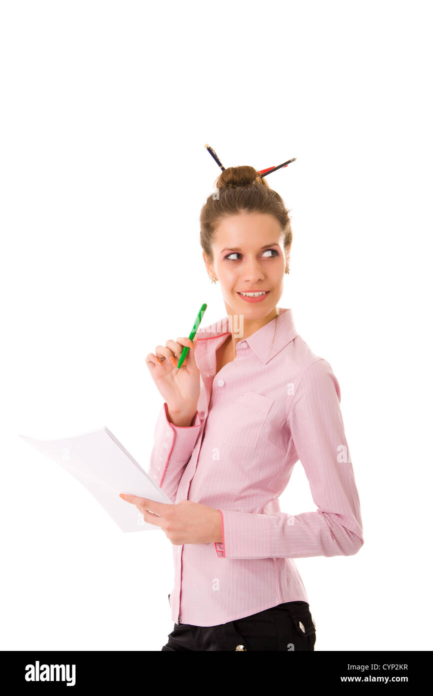 Young cute secretary looking aside isolated on white Stock Photo - Alamy