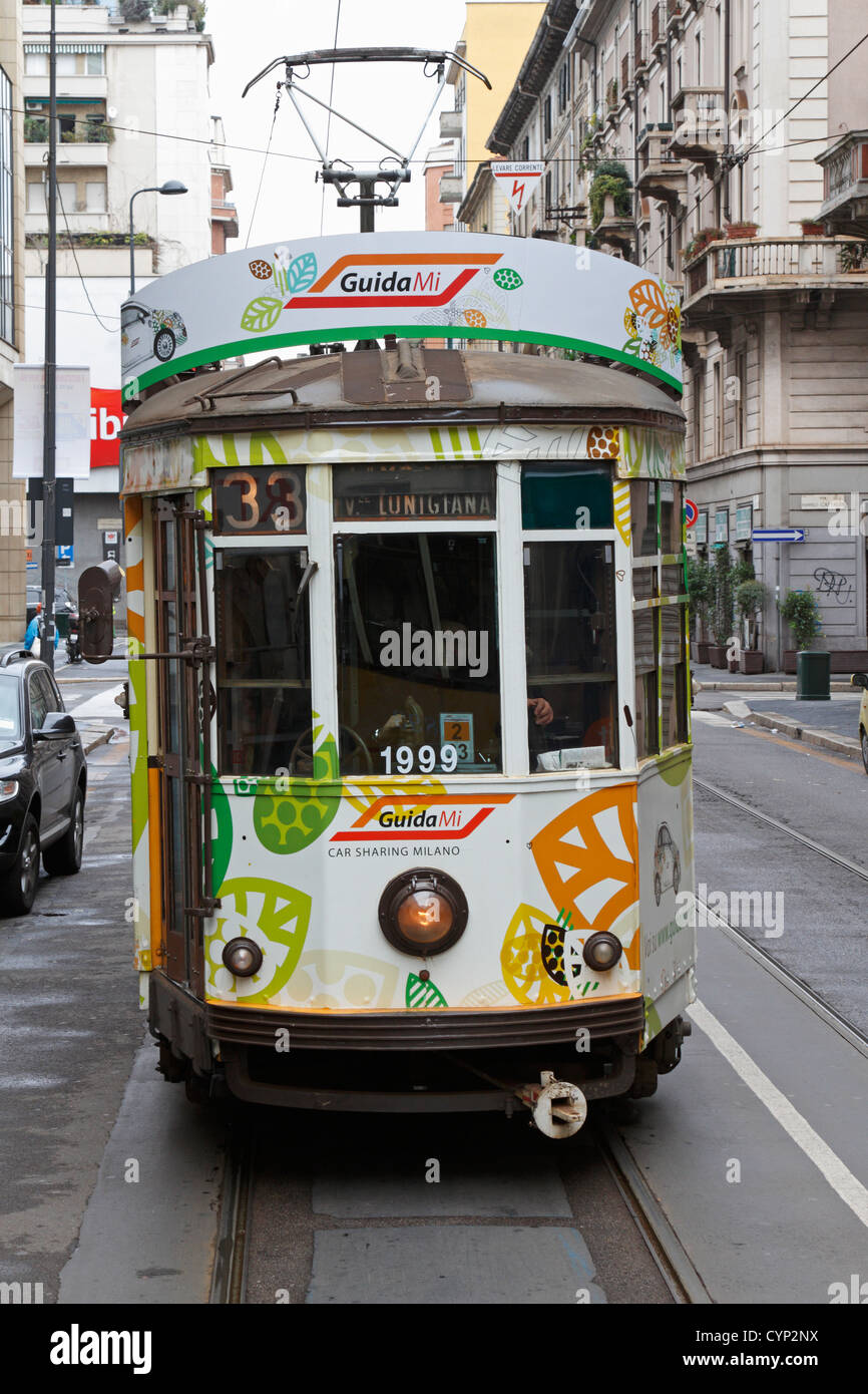 A 1920's Series 1500 electric tram in GuidaMi livery on a street in ...