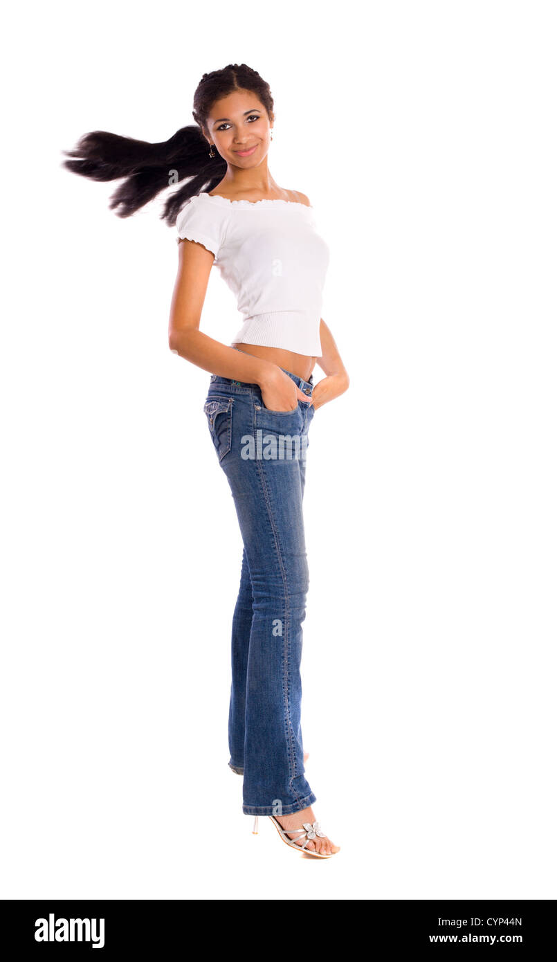 beautiful young mulatto woman standing isolated on white Stock Photo ...