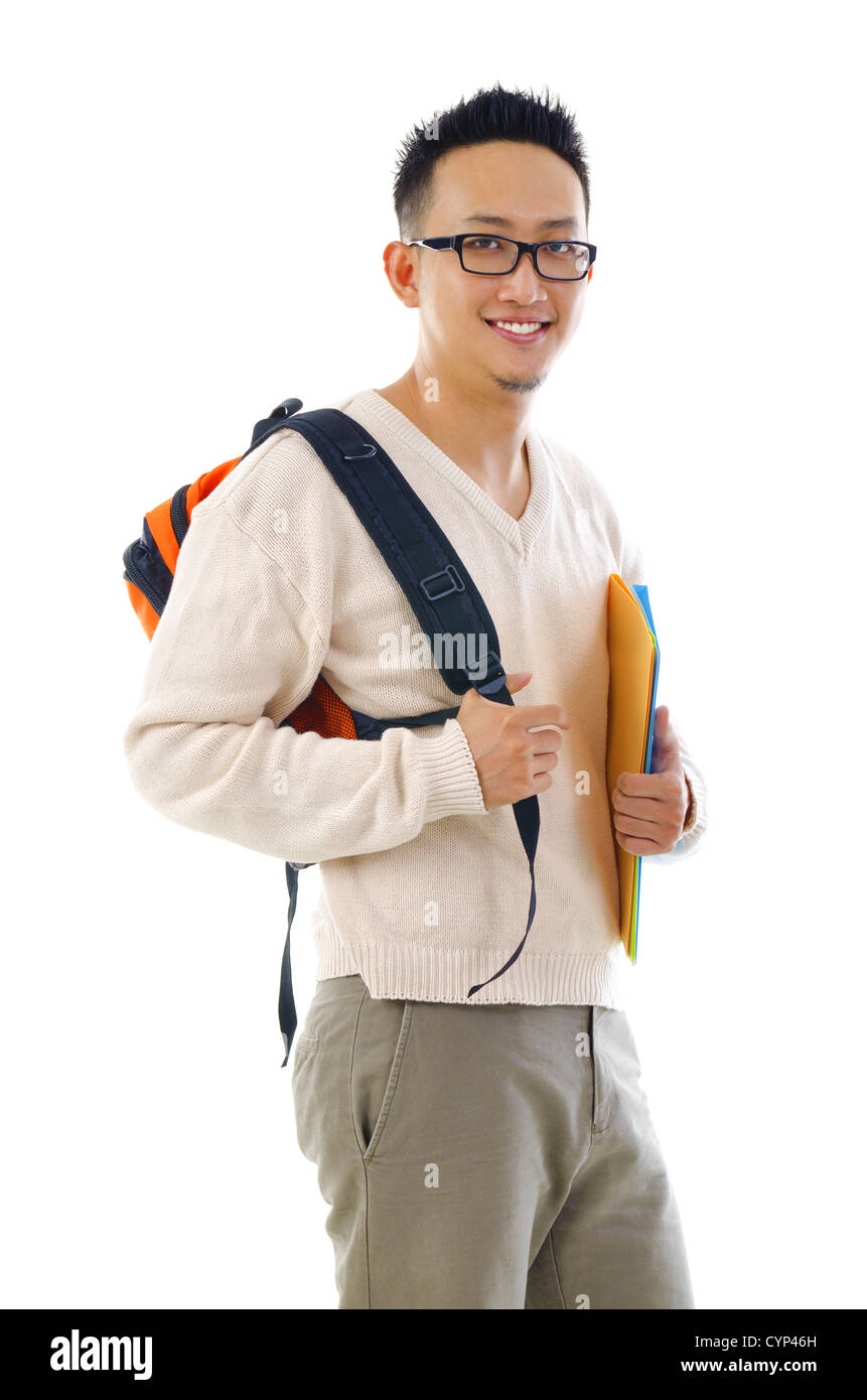 Asian college boy holding file folder isolated on white Stock Photo - Alamy
