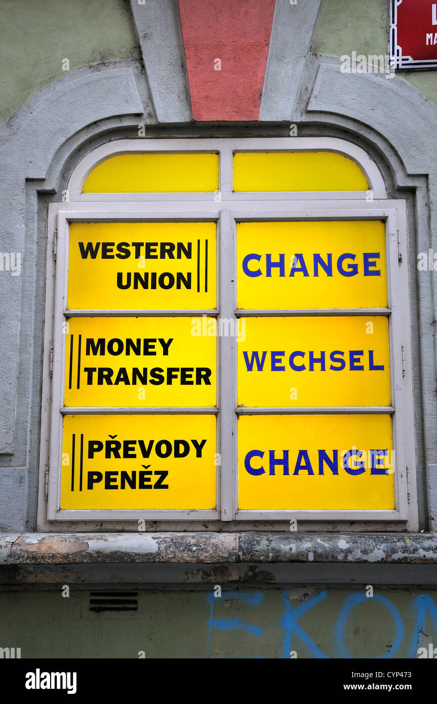 Prague, Czech Republic. Currency Exchange office sign Stock Photo - Alamy