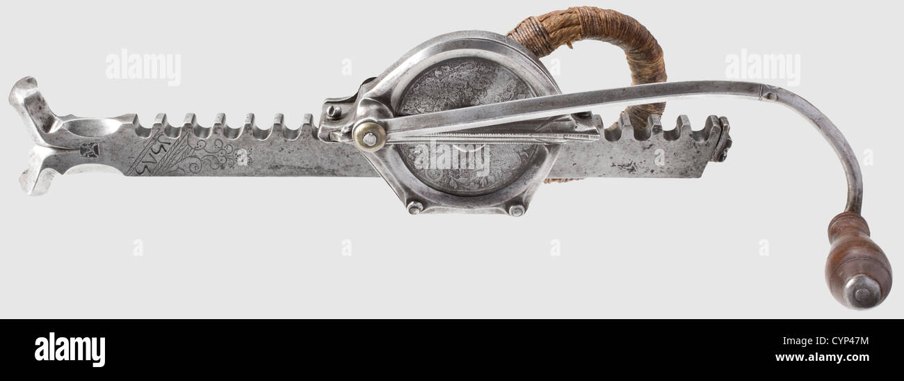 An etched Southern German crossbow cranequin,dated 1575.Forged iron ...