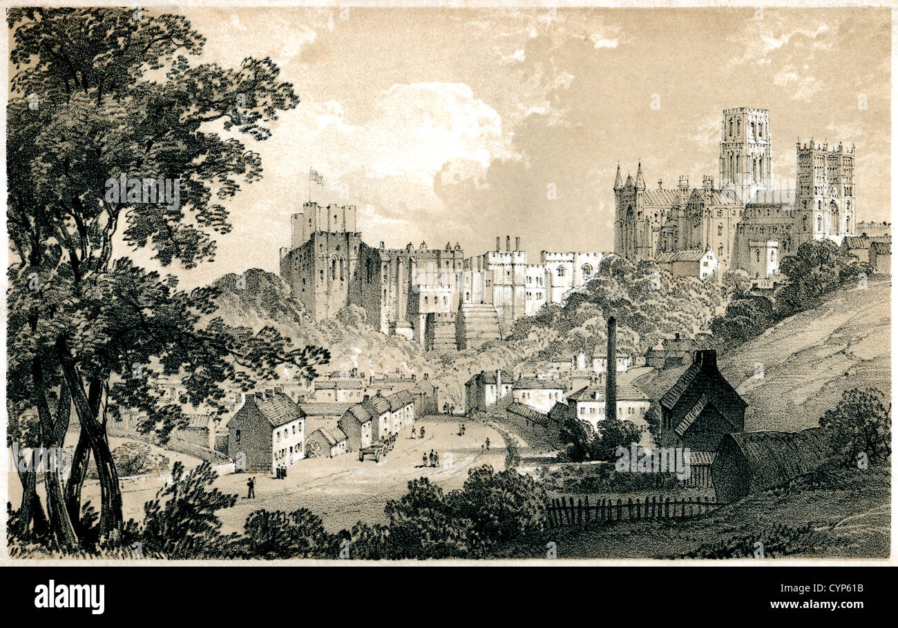 A lithograph of Durham scanned at high resolution from a book published ...