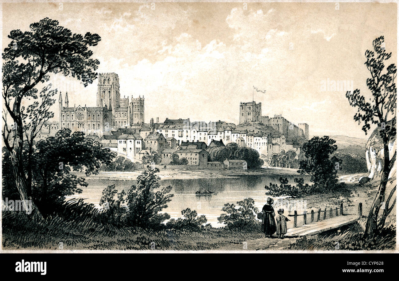 A lithograph of Durham scanned at high resolution from a book published ...