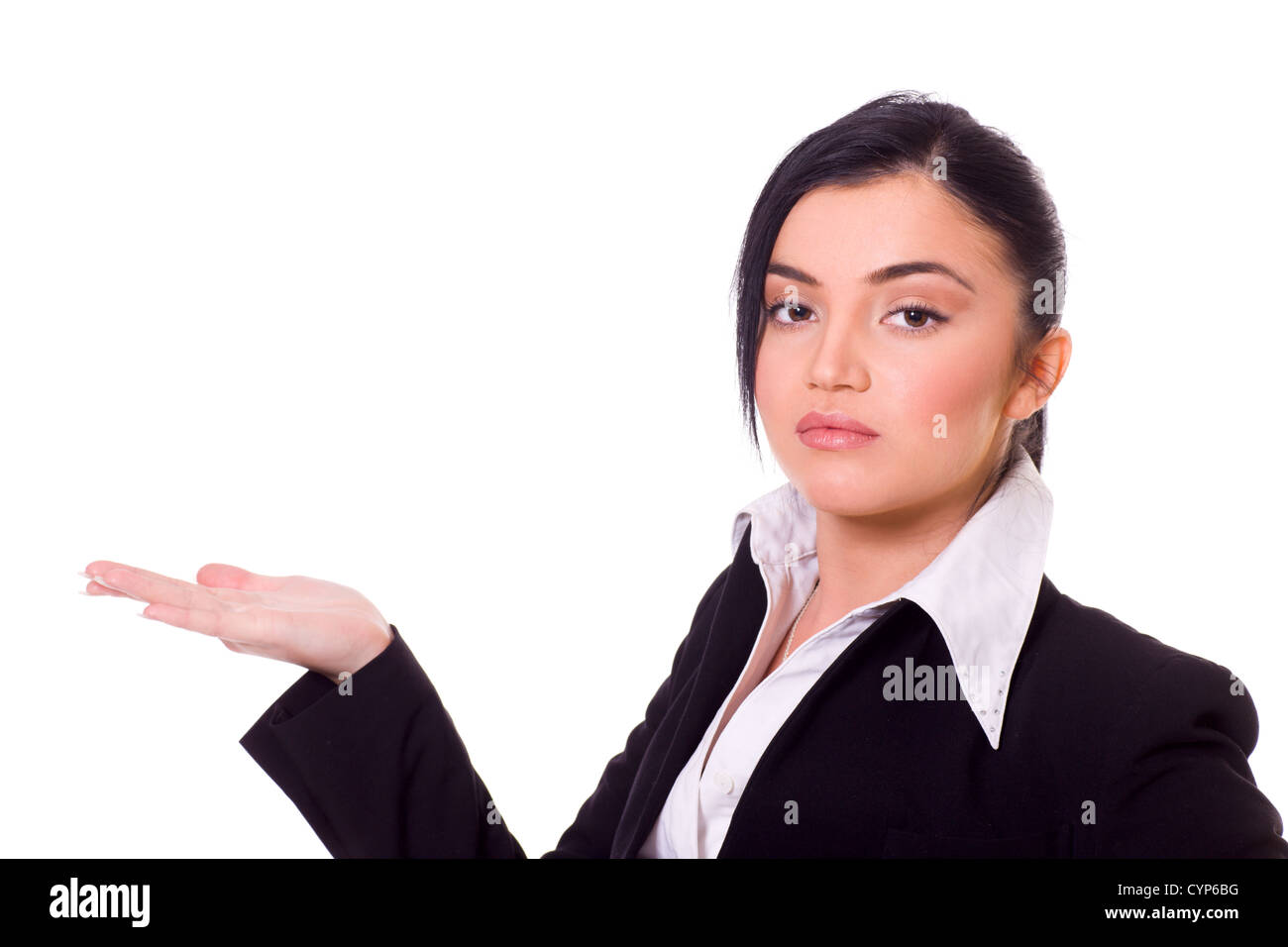 beautiful young confident business woman making presentation isolated ...