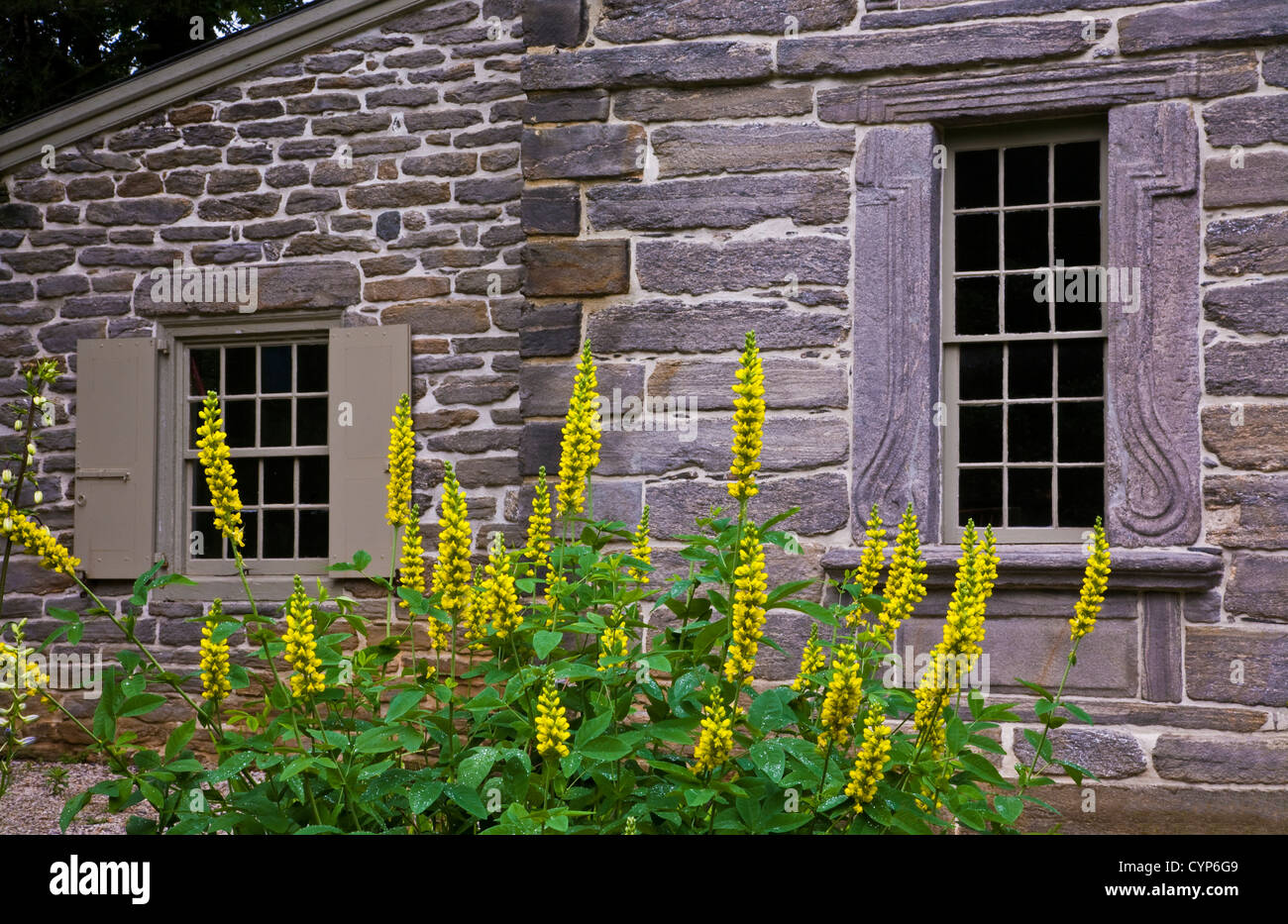 Historic stone house in Bartram's Botanical formal Garden flowers ...