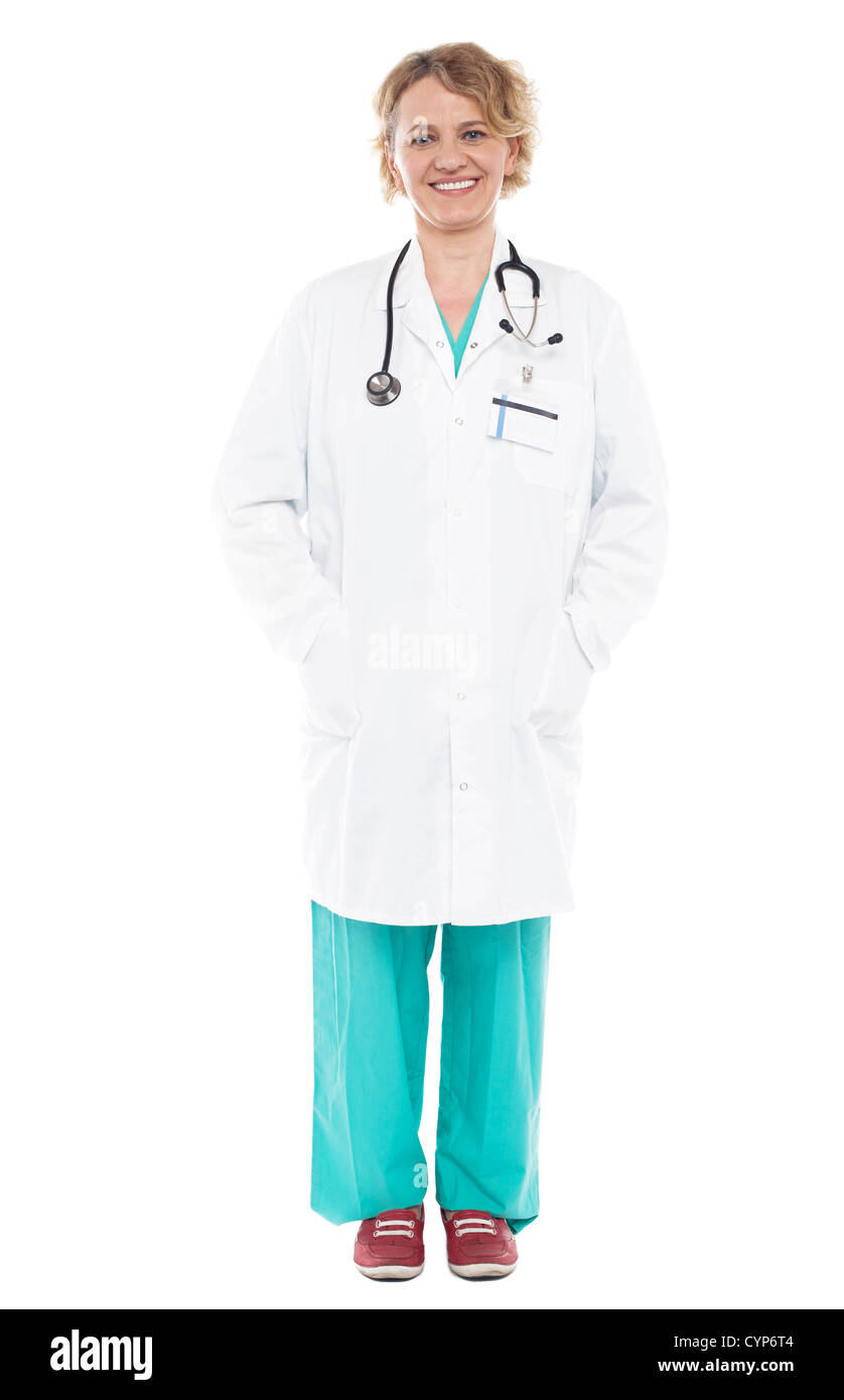 Full length portrait of experienced female doctor isolated against ...