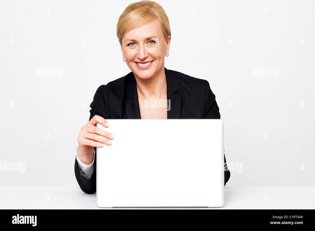 Secretary holding laptop flap, about to close. Isolated on white ...