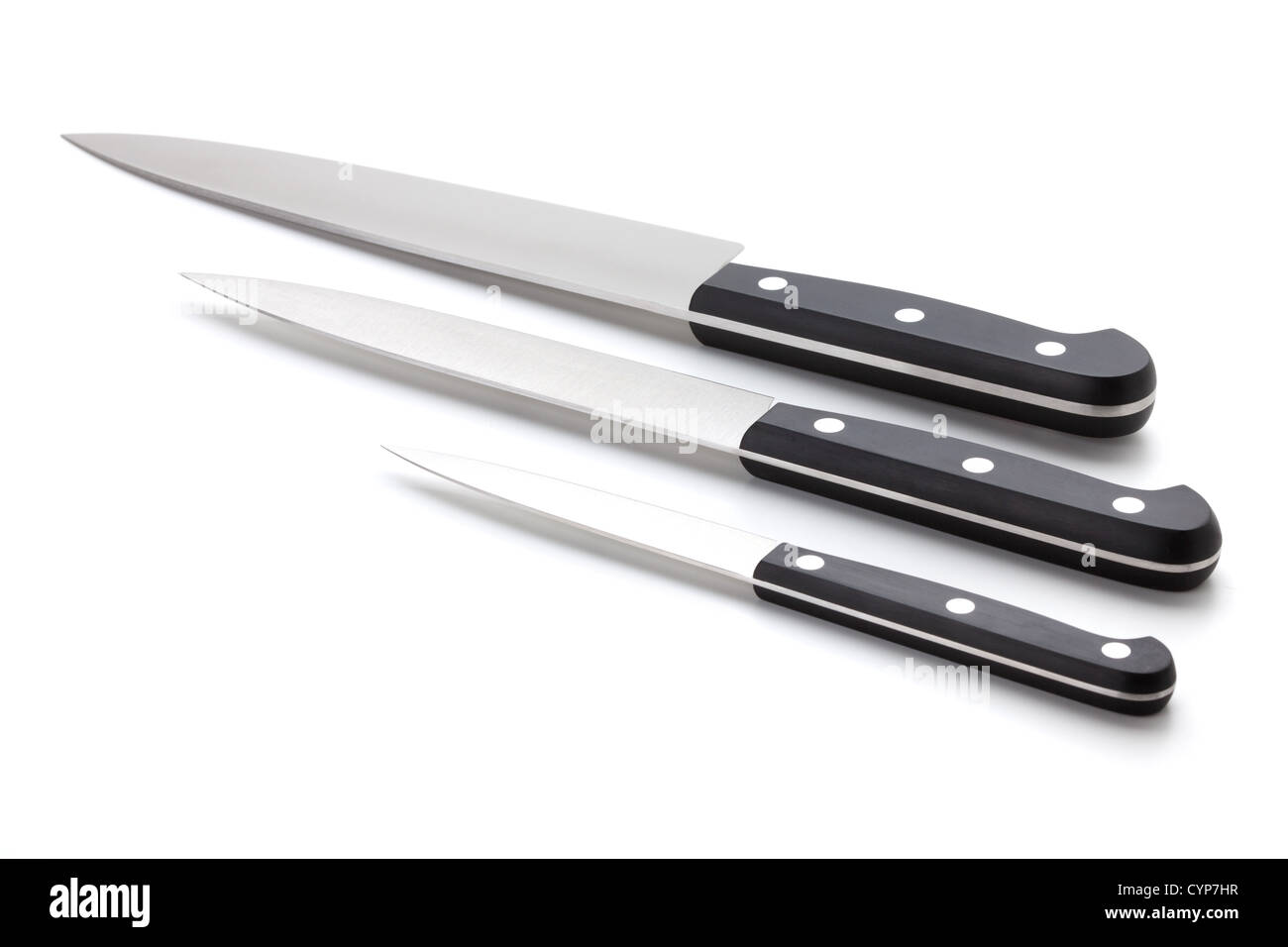 Three kitchen knives. Isolated on white background Stock Photo - Alamy