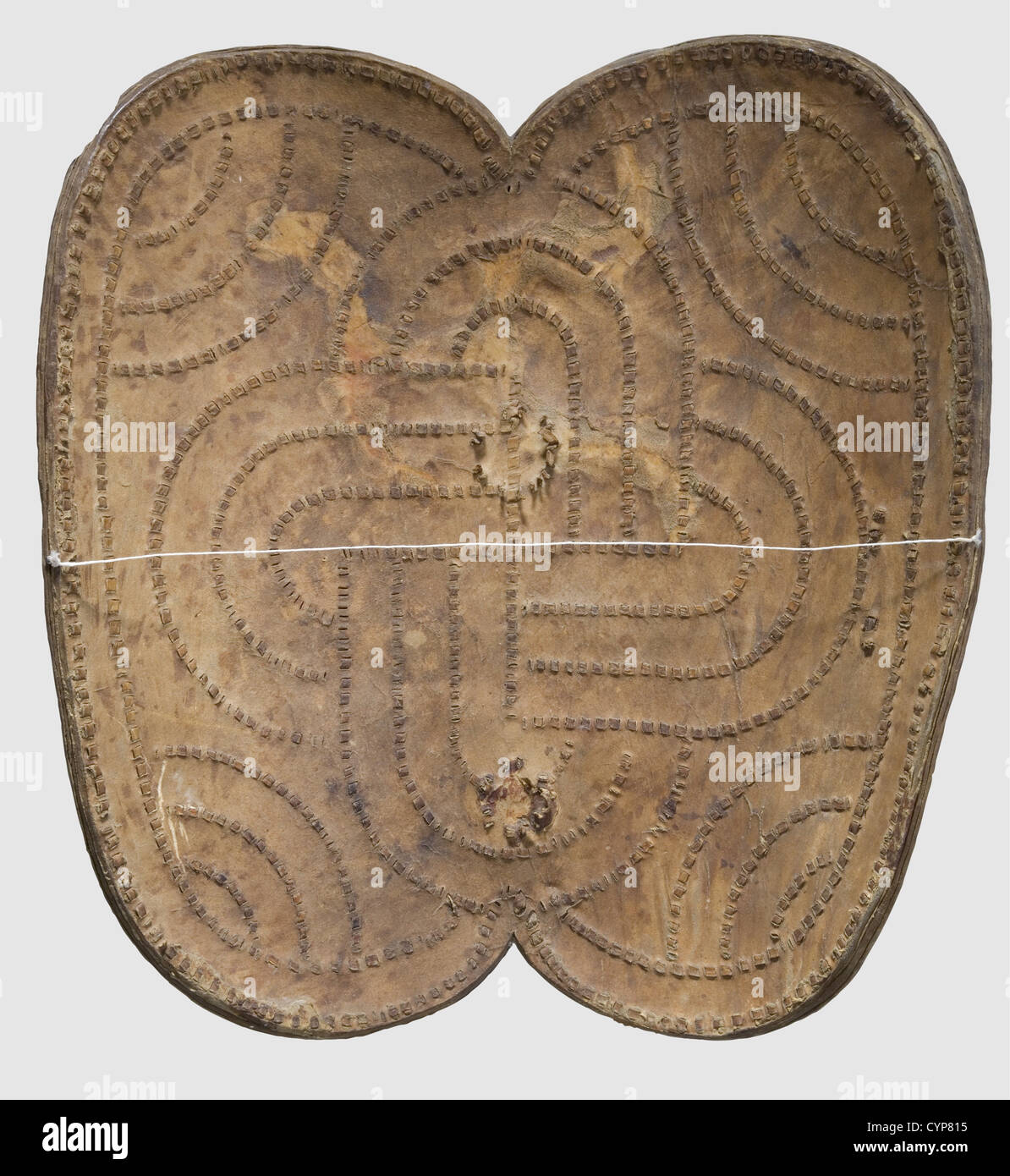 A Spanish painted leather shield,18th century. Domed shield made of ...