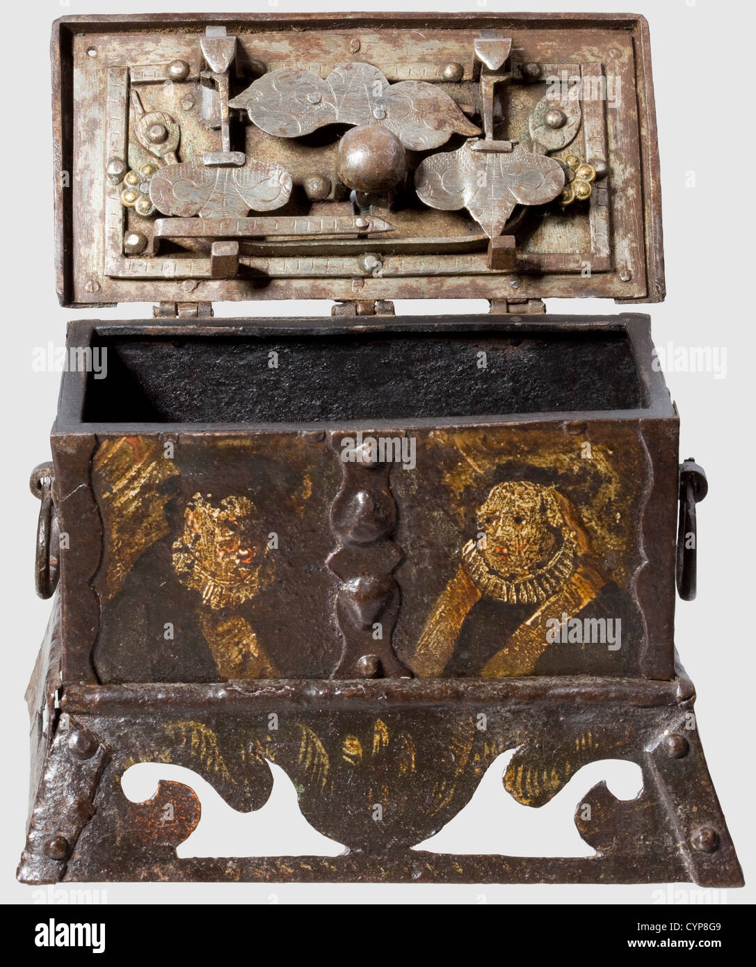 A painted iron casket,Nuremberg,circa 1600.Rectangular iron casket with ...