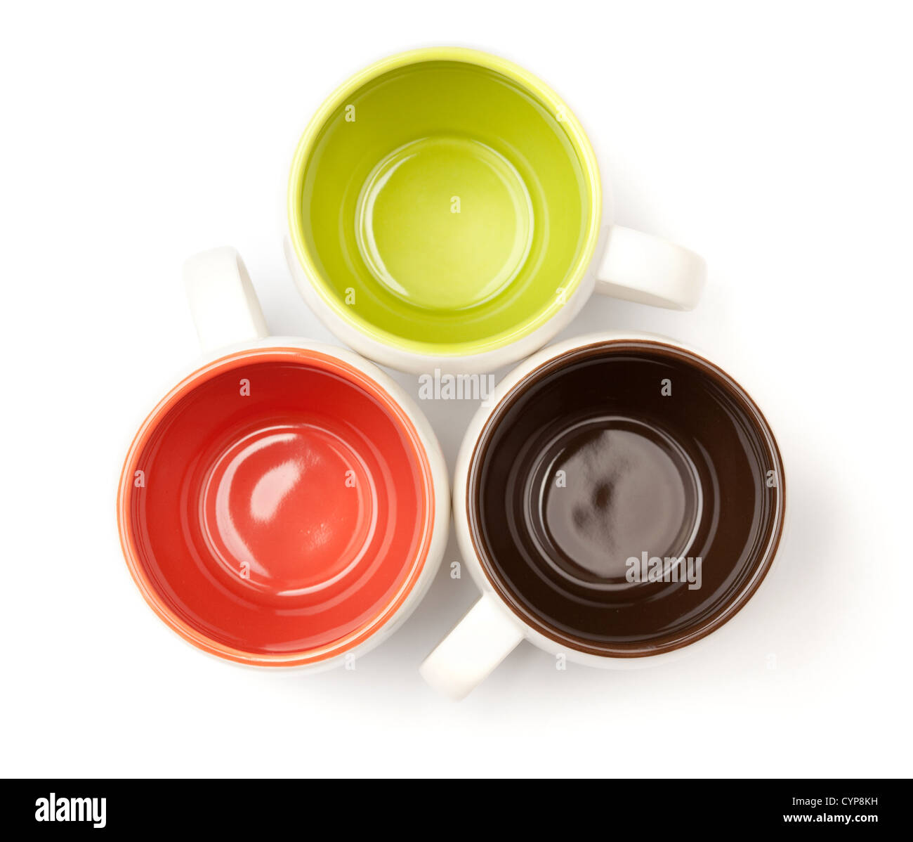 Three color coffee cups, above view, isolated on white background Stock ...