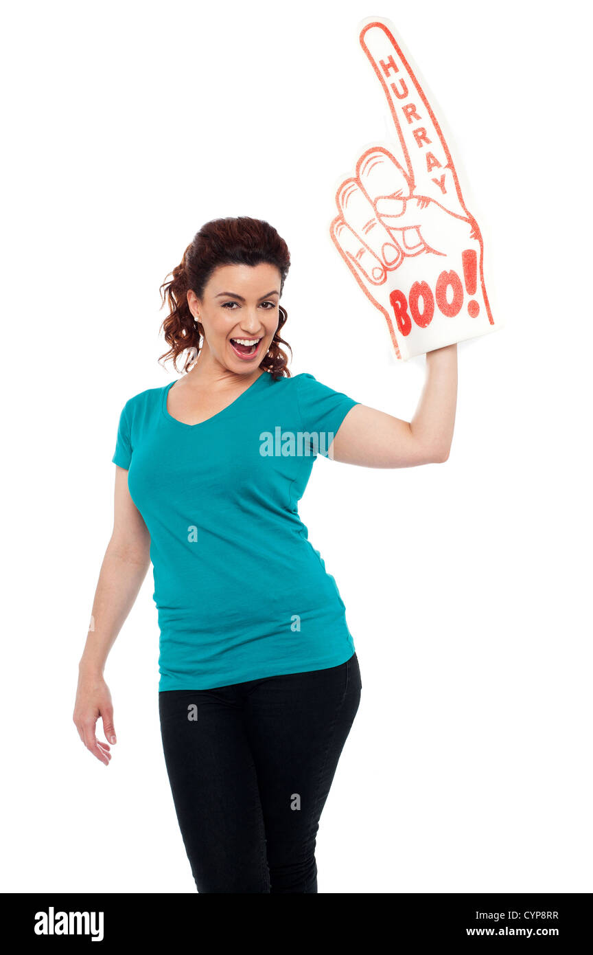 Hurray lets celebrate. Cheerful female fan. All on white background ...