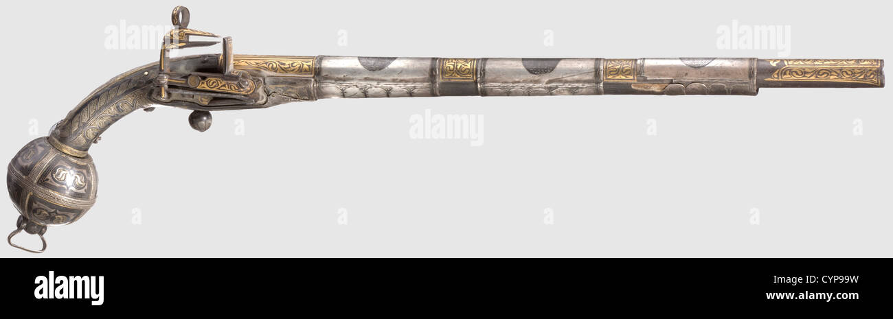 A Caucasian miquelet-lock pistol,19th century. Slender barrel with ...