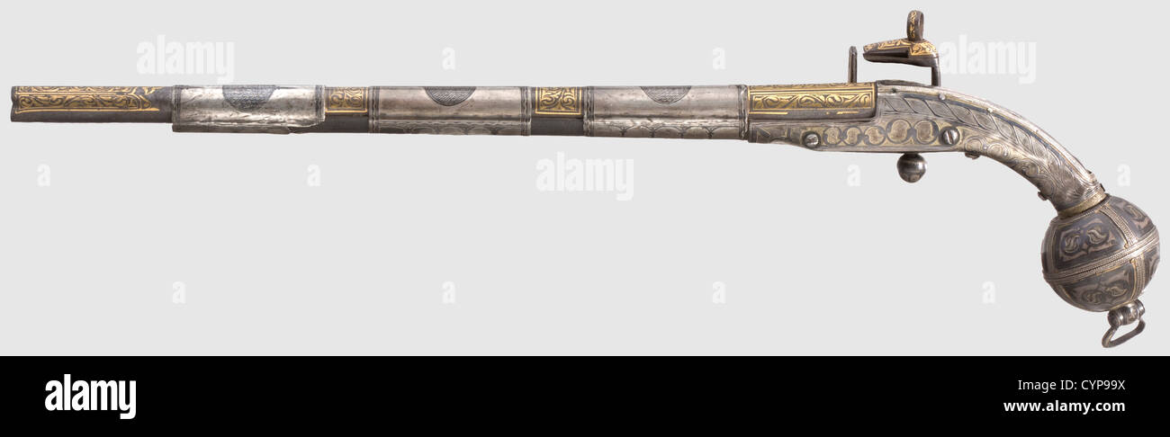 A Caucasian miquelet-lock pistol,19th century. Slender barrel with ...