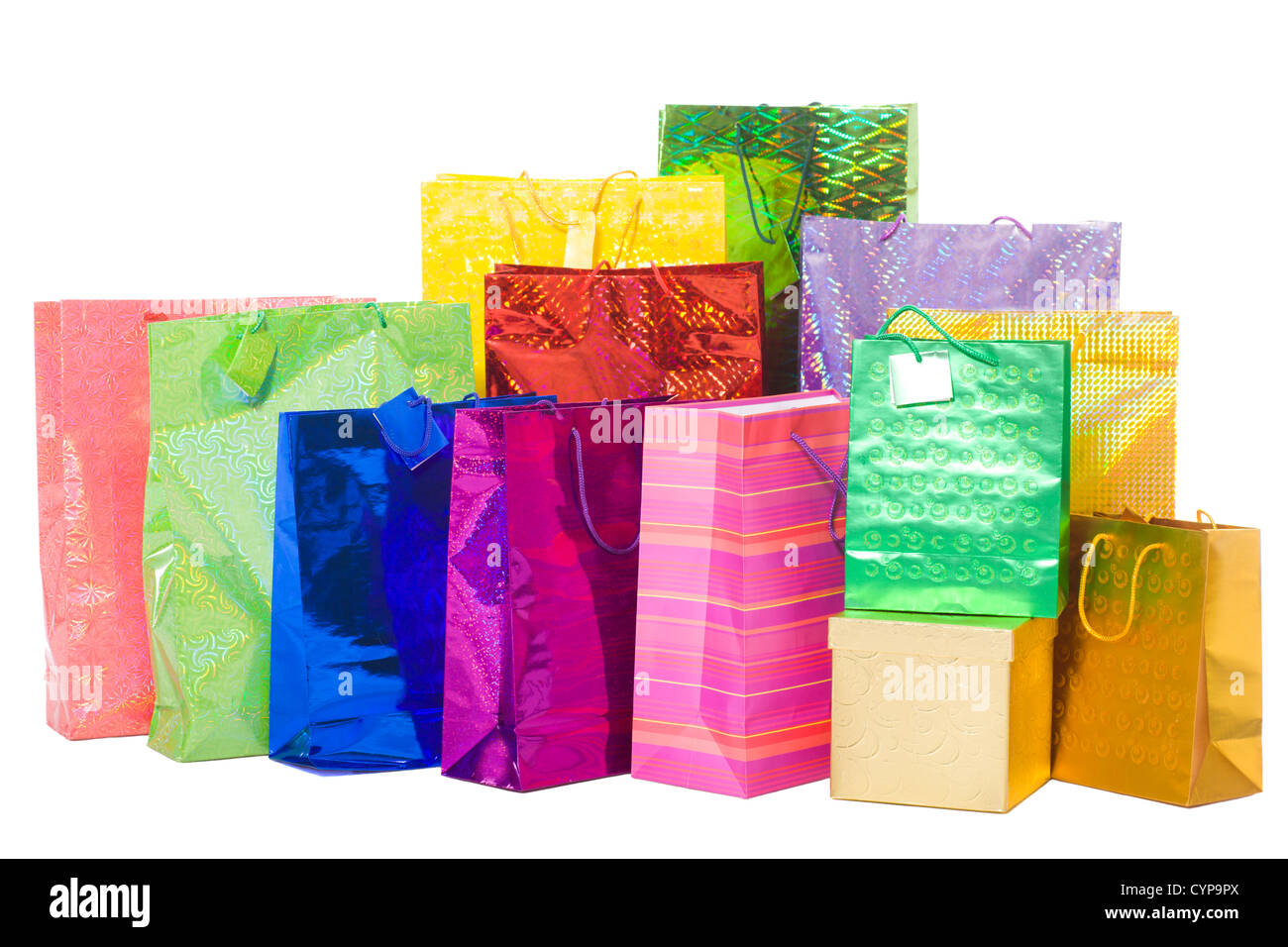 Bunch colorful paper bags for gifts isolated on white Stock Photo - Alamy