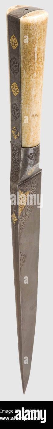 A Persian gold-inlaid kard, circa 1800. Strong wootz-Damascus blade ...