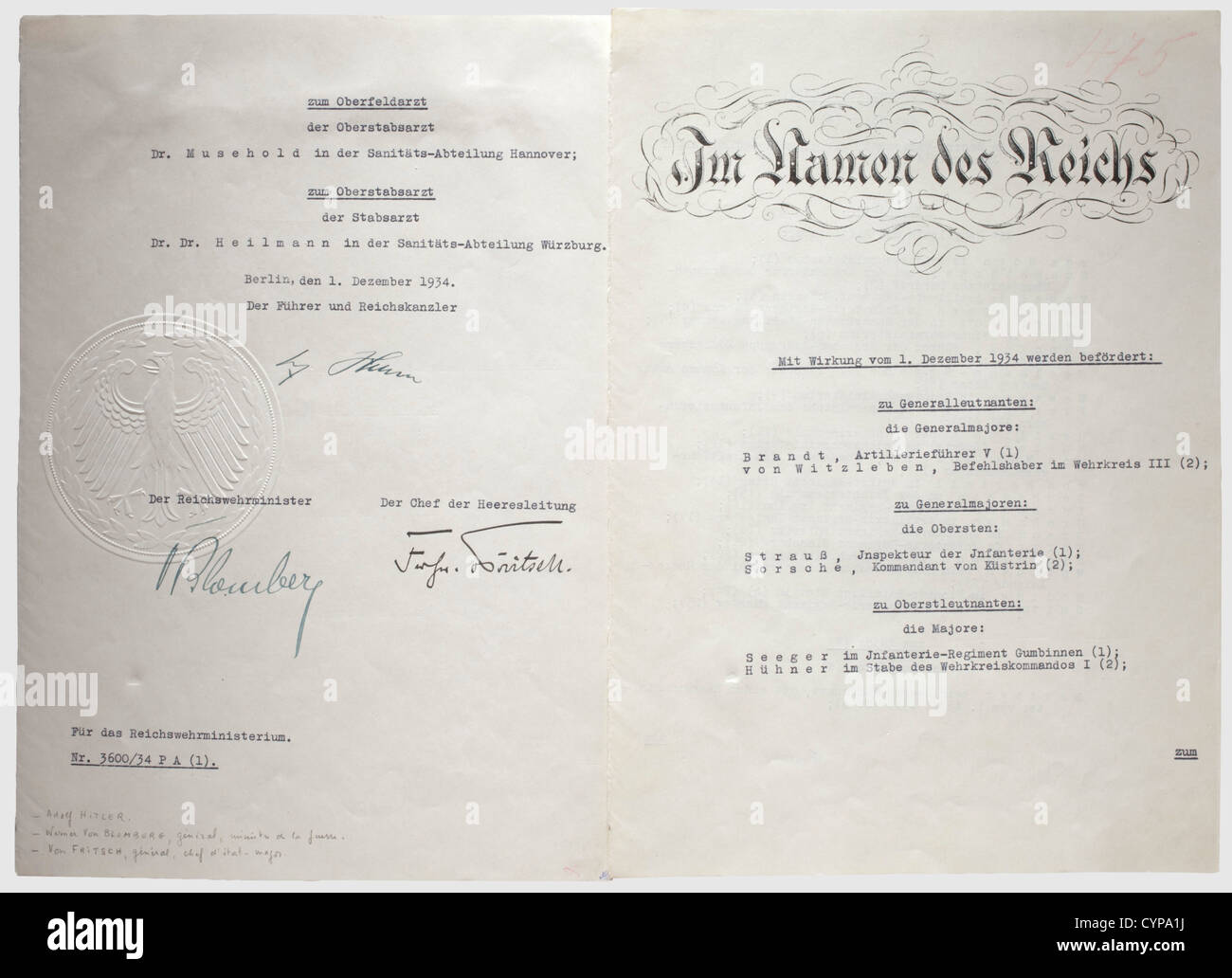 A promotion document,dated 1 December 1934 with original signatures of ...