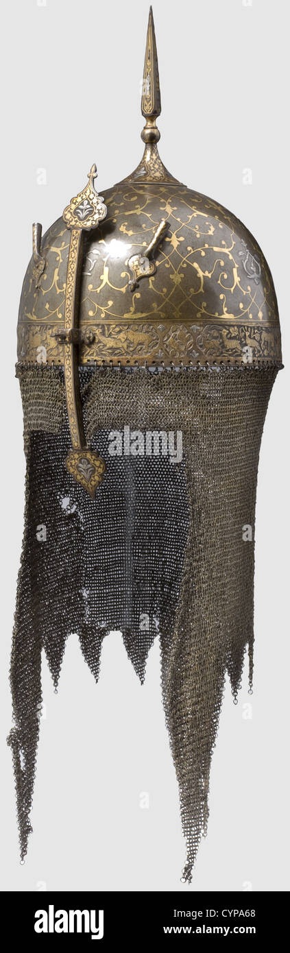 A Persian gold-inlaid kulah khud,early 19th century.The skull forged in ...