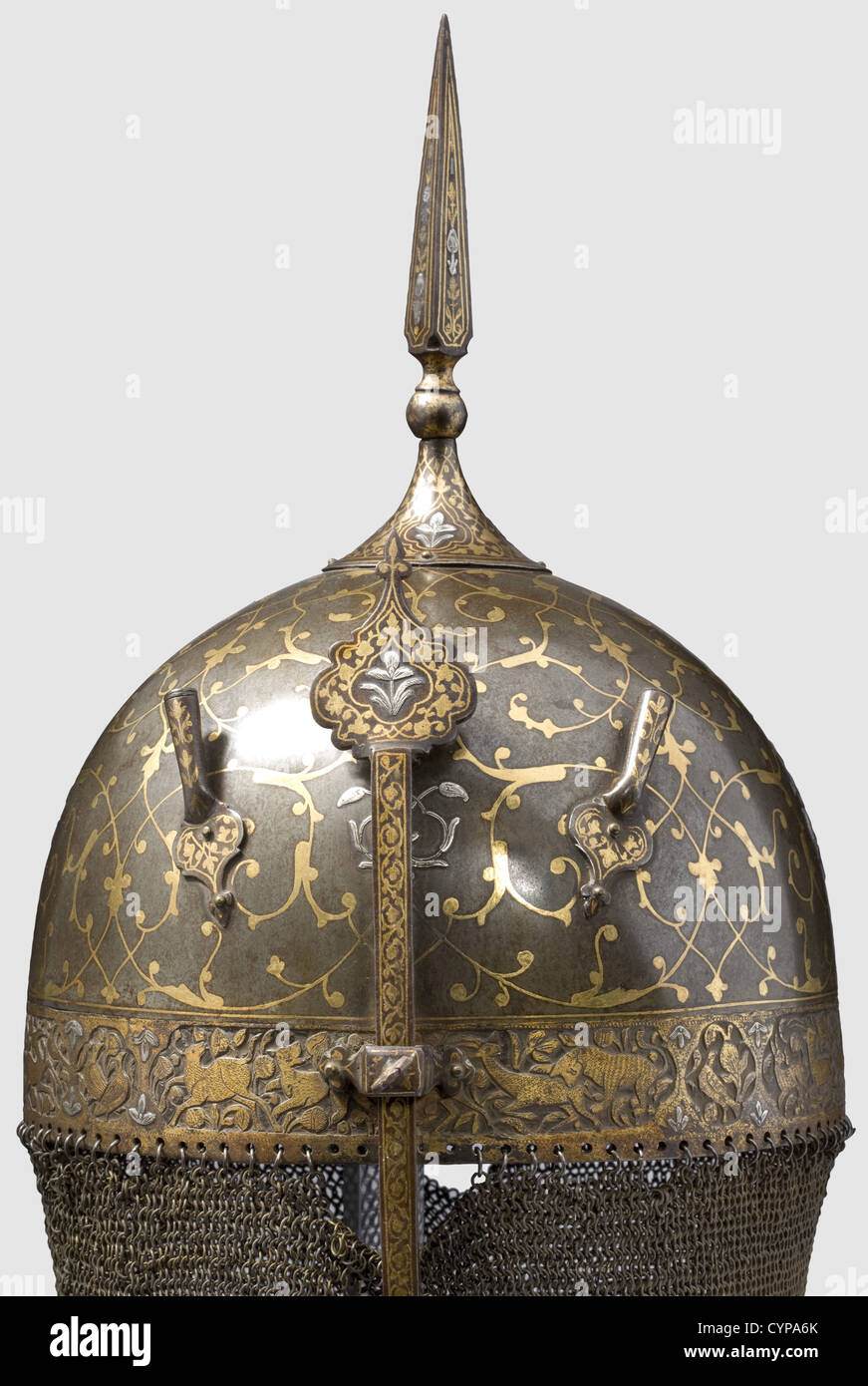 A Persian gold-inlaid kulah khud,early 19th century.The skull forged in ...