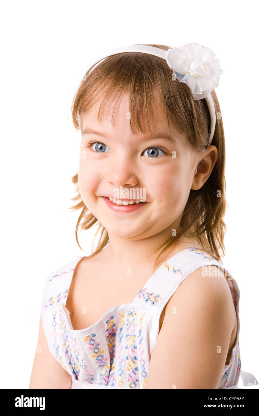 Little girl making funny face isolated on white Stock Photo - Alamy
