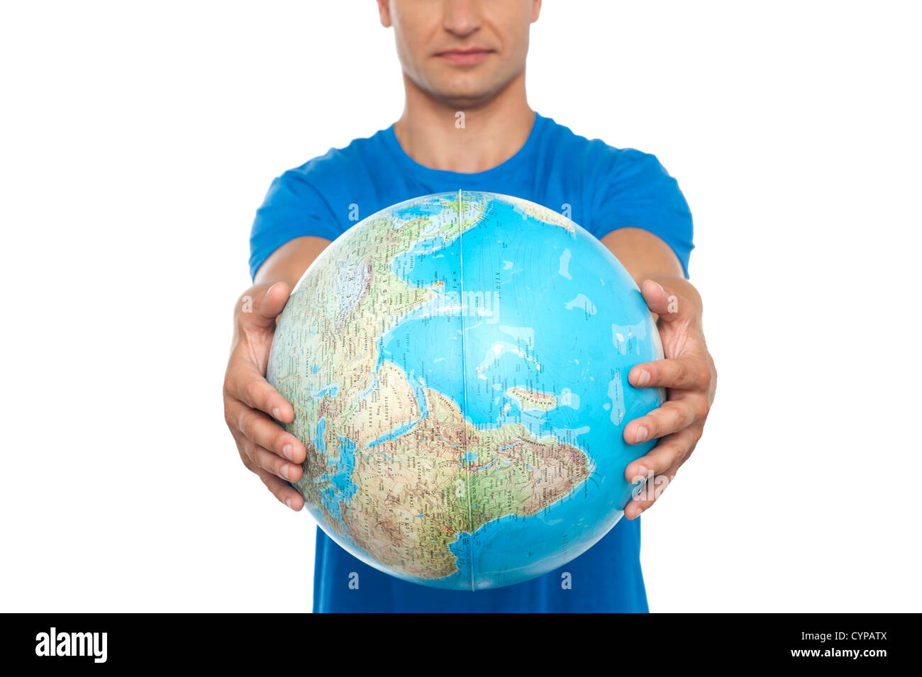Closeup shot of man holding globe isolated over white Stock Photo - Alamy