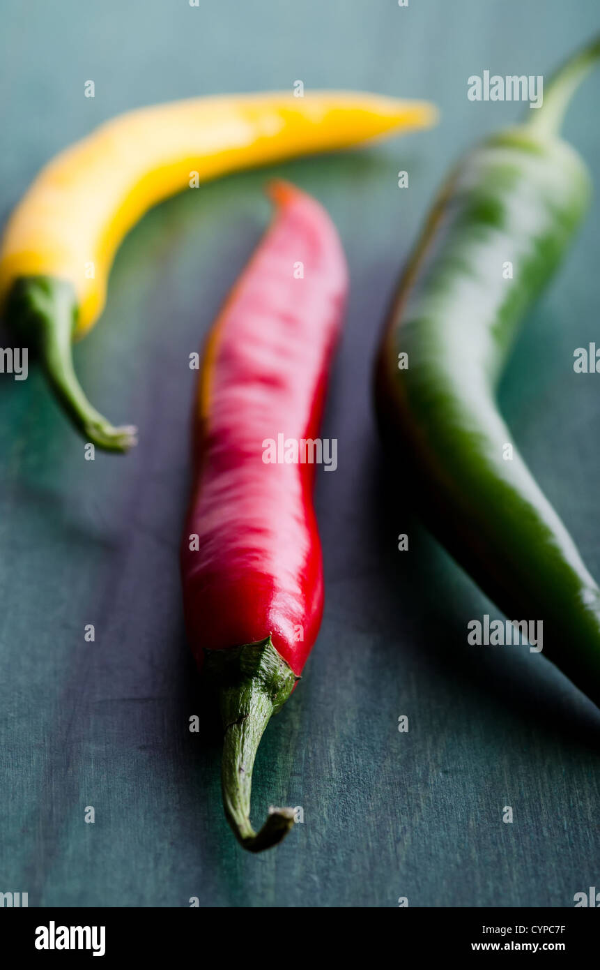 a green, yellow and red chilli Stock Photo - Alamy