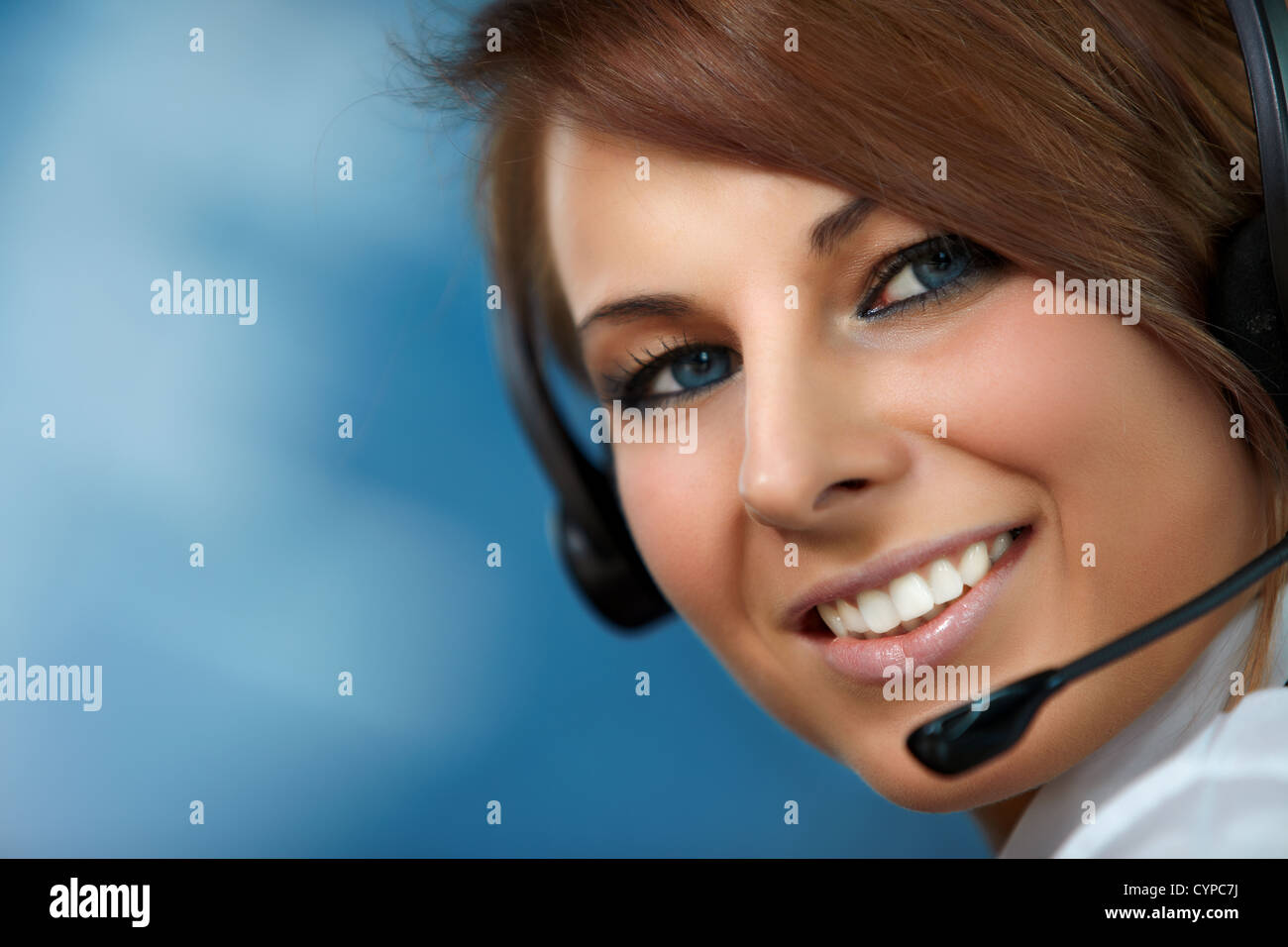 Beautiful representative smiling call center woman with headset Stock ...