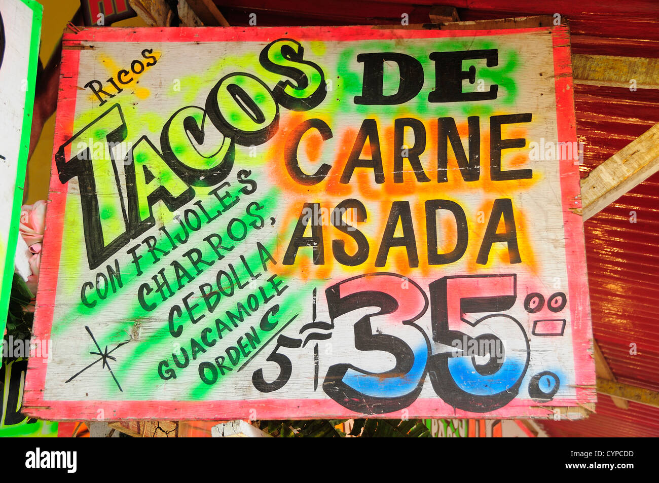 Sign for taco food stall with highlighted text and price. American ...