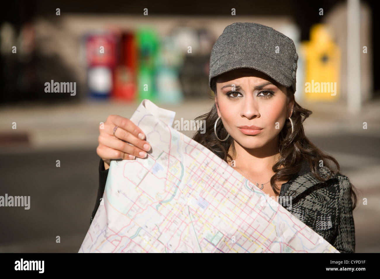 Lost Young Woman on the Sidewalk with Map Stock Photo - Alamy