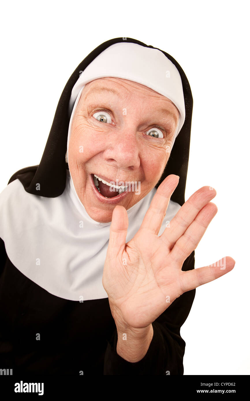 Funny Nun with Happy Expression on her Face Waving Stock Photo - Alamy