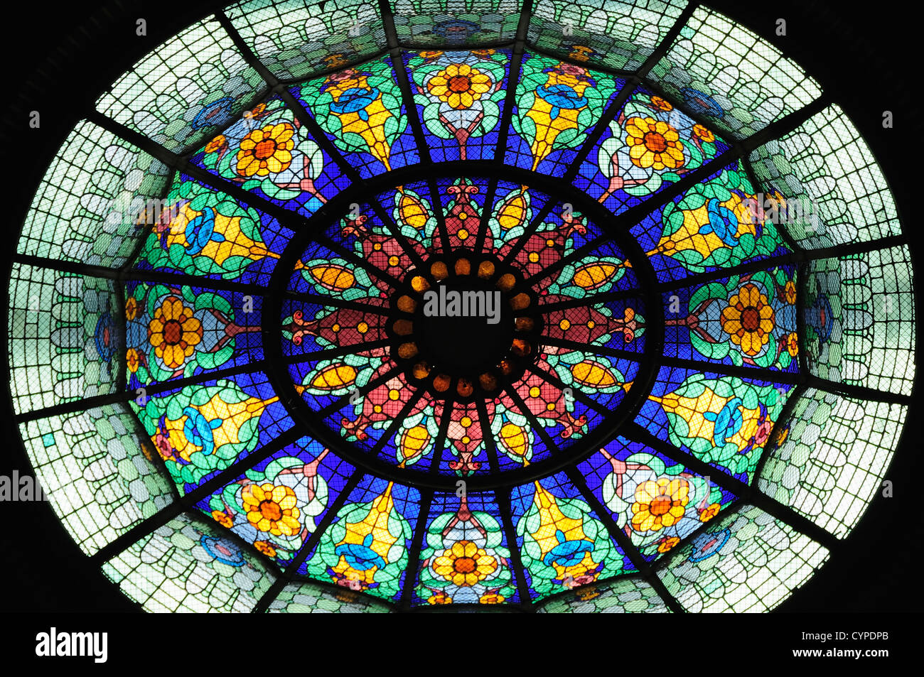 Detail of Tiffany glass window in the Gran Hotel, Zocalo. American ...