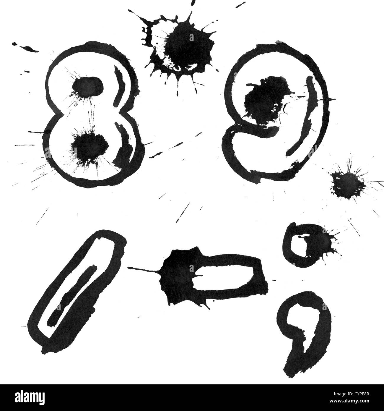 Painted with ink on paper grunge ABC, isolated. More ink symbols ...