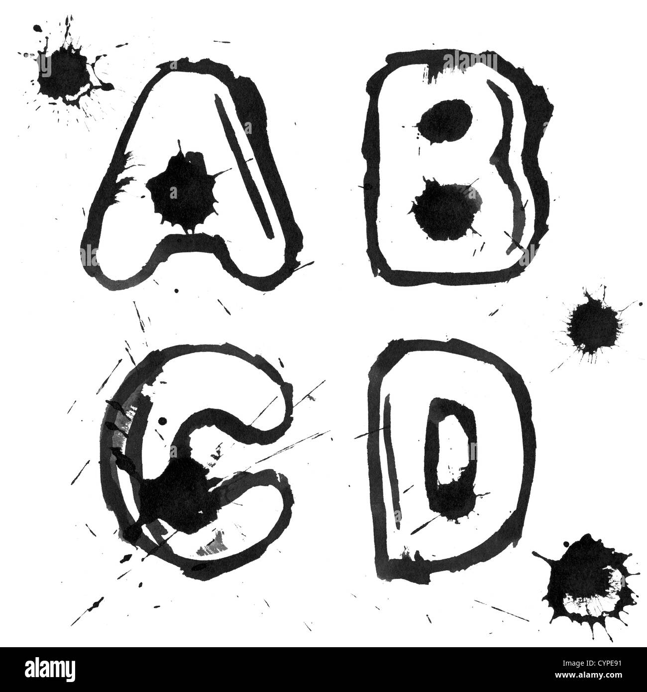 Painted with ink on paper grunge ABC, isolated. More ink symbols ...