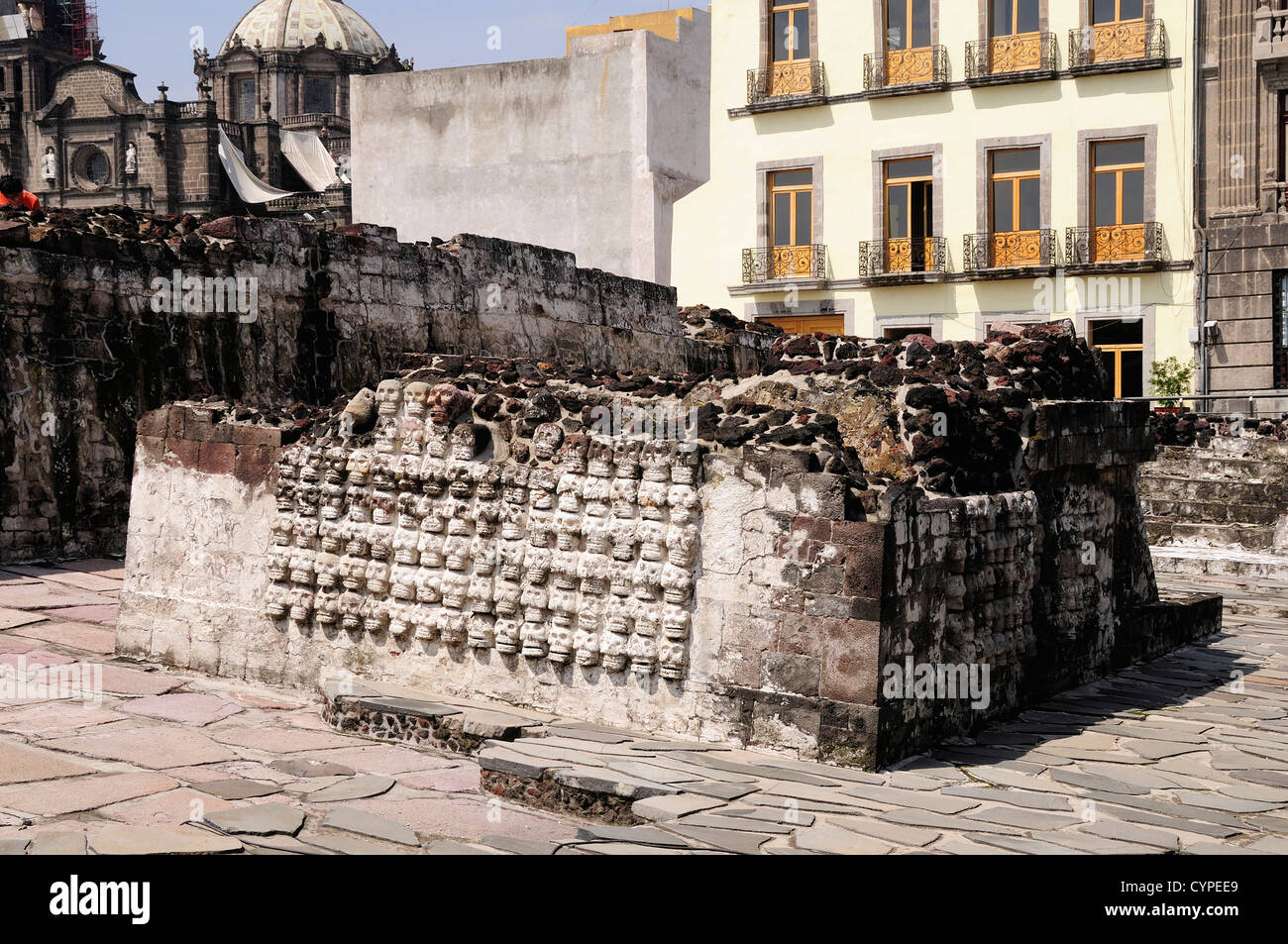 Wall of Skulls or tzompantli, in the Templo Mayor Aztec temple ruins ...