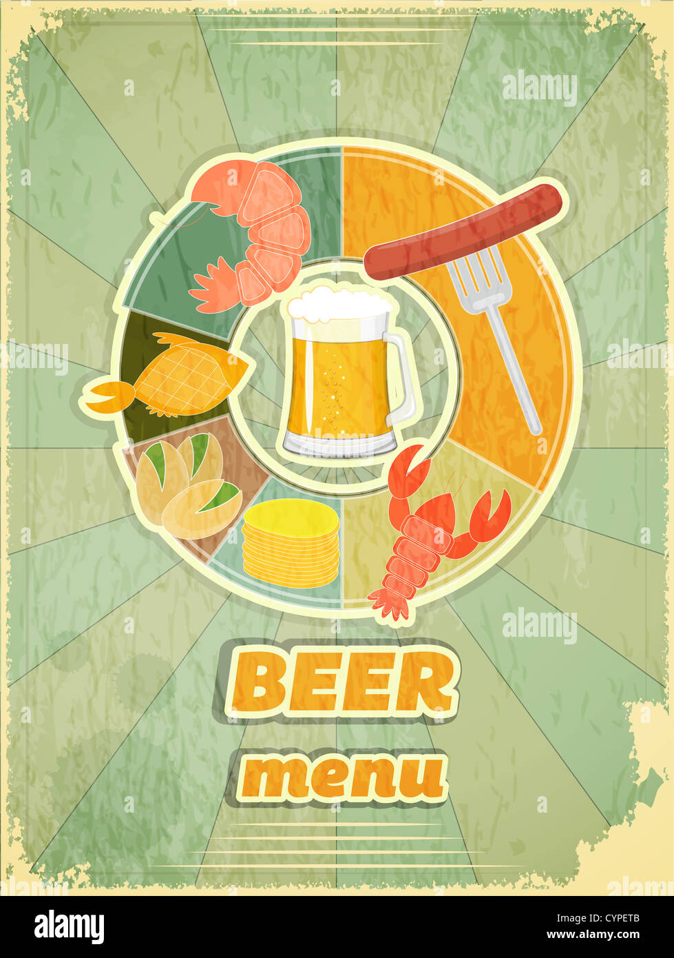 Grunge Design Beer Menu - glass of beer and snack on Vintage background ...