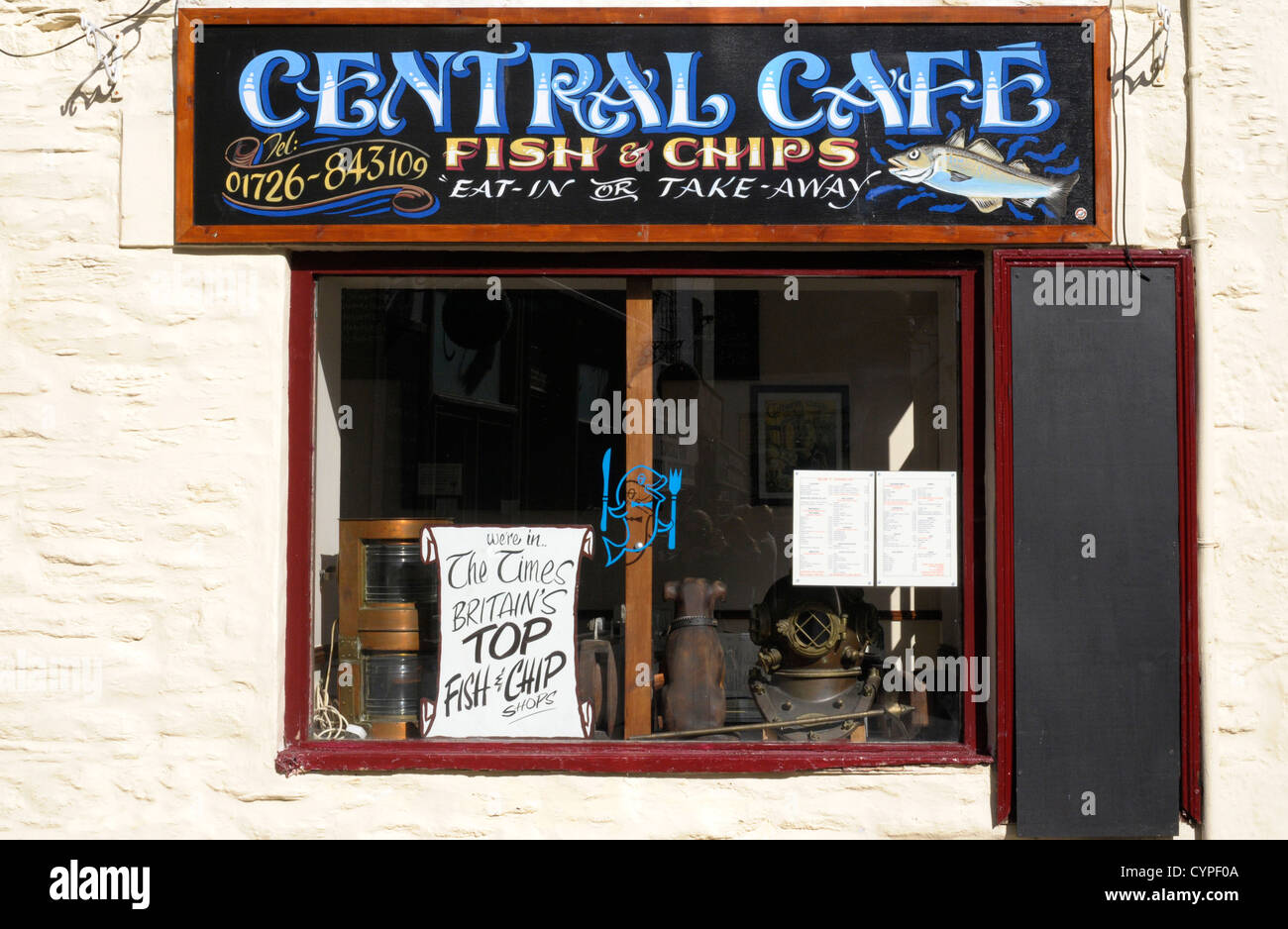 Traditional chalk board Fish and Chips Shop sign and cafe window ...