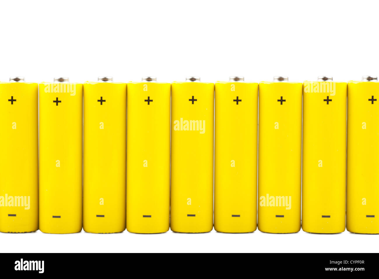 A row of yellow batteries isolated over white background Stock Photo ...