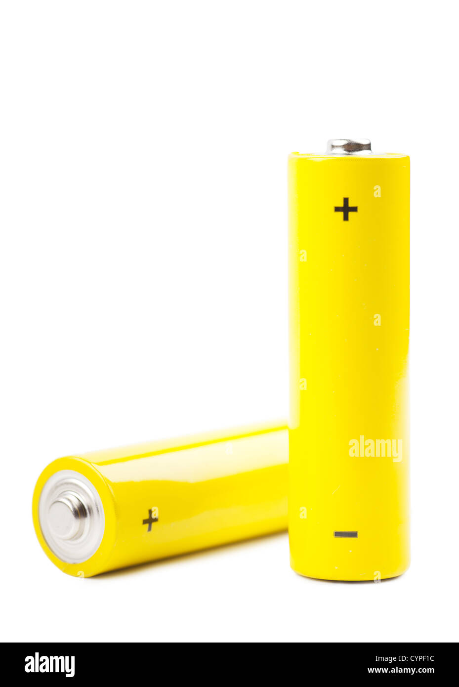 Two yellow batteries isolated over white background Stock Photo - Alamy