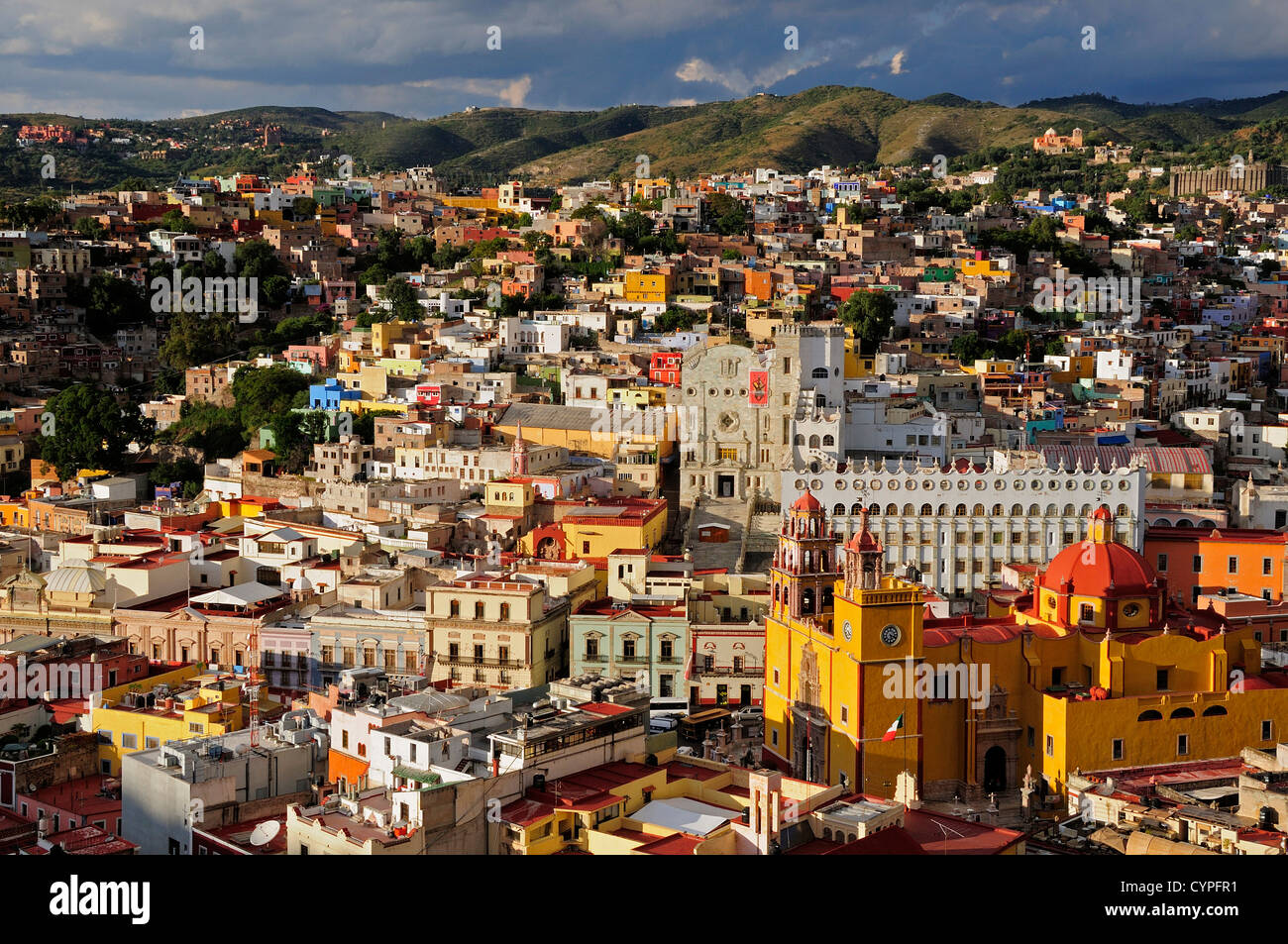 Mexico, Bajio, Guanajuato, Colourful panoramic cityscape with basilica ...