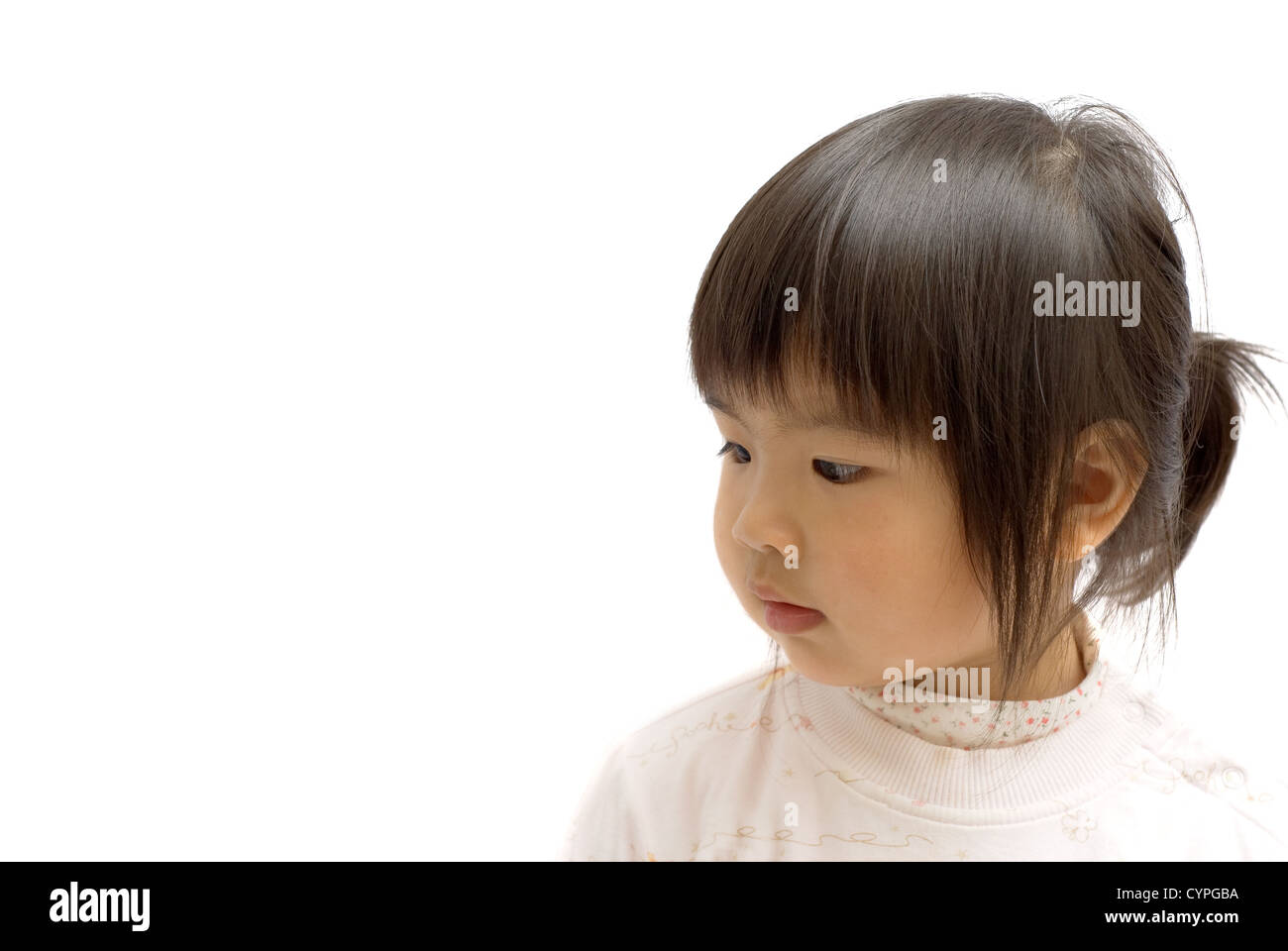 Asian cute child with black hair and yellow skin face on white ...