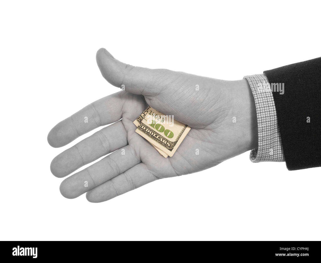 A man's black and white hand hiding a colorful hundred dollars tip ...