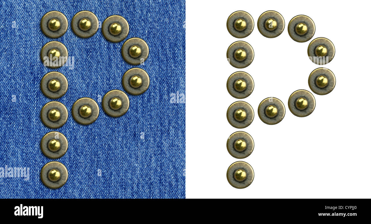 Jeans rivet alphabet letter P. On jeans background and isolated Stock ...