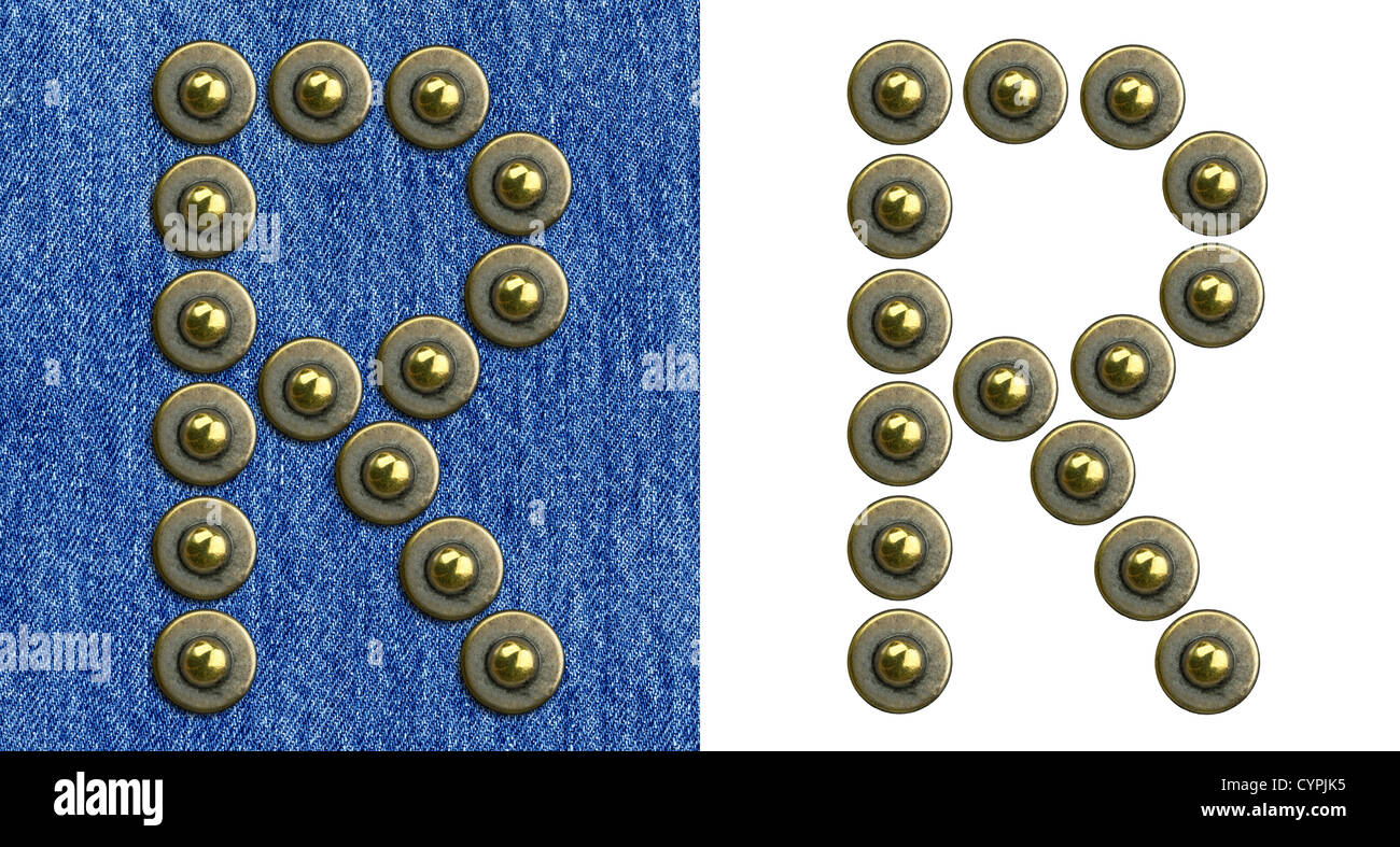 Jeans rivet alphabet letter R. On jeans background and isolated Stock ...