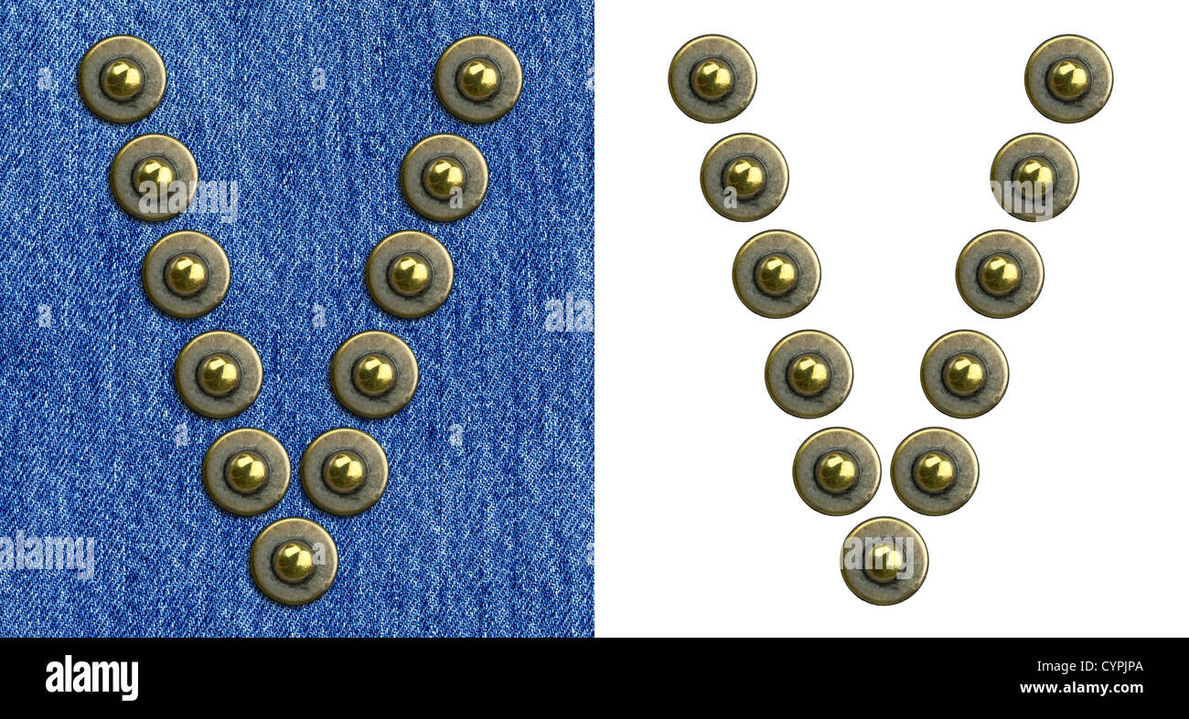 Jeans rivet alphabet letter V. On jeans background and isolated Stock ...