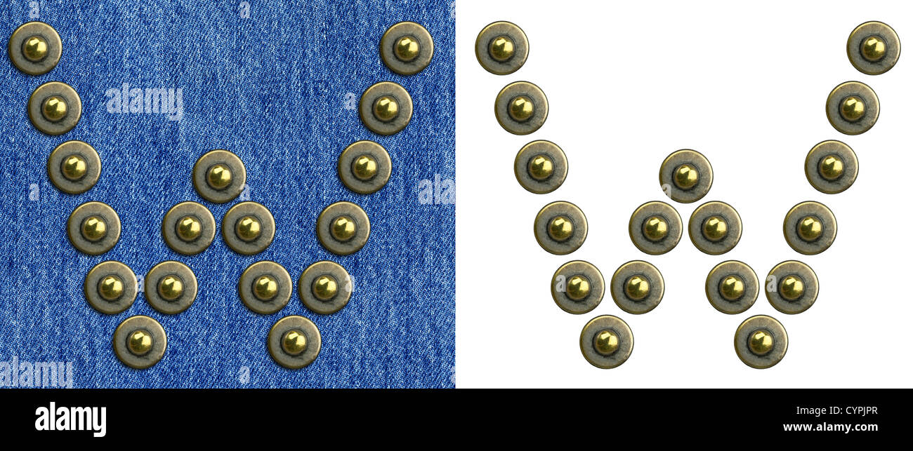 Jeans rivet alphabet letter W. On jeans background and isolated Stock ...